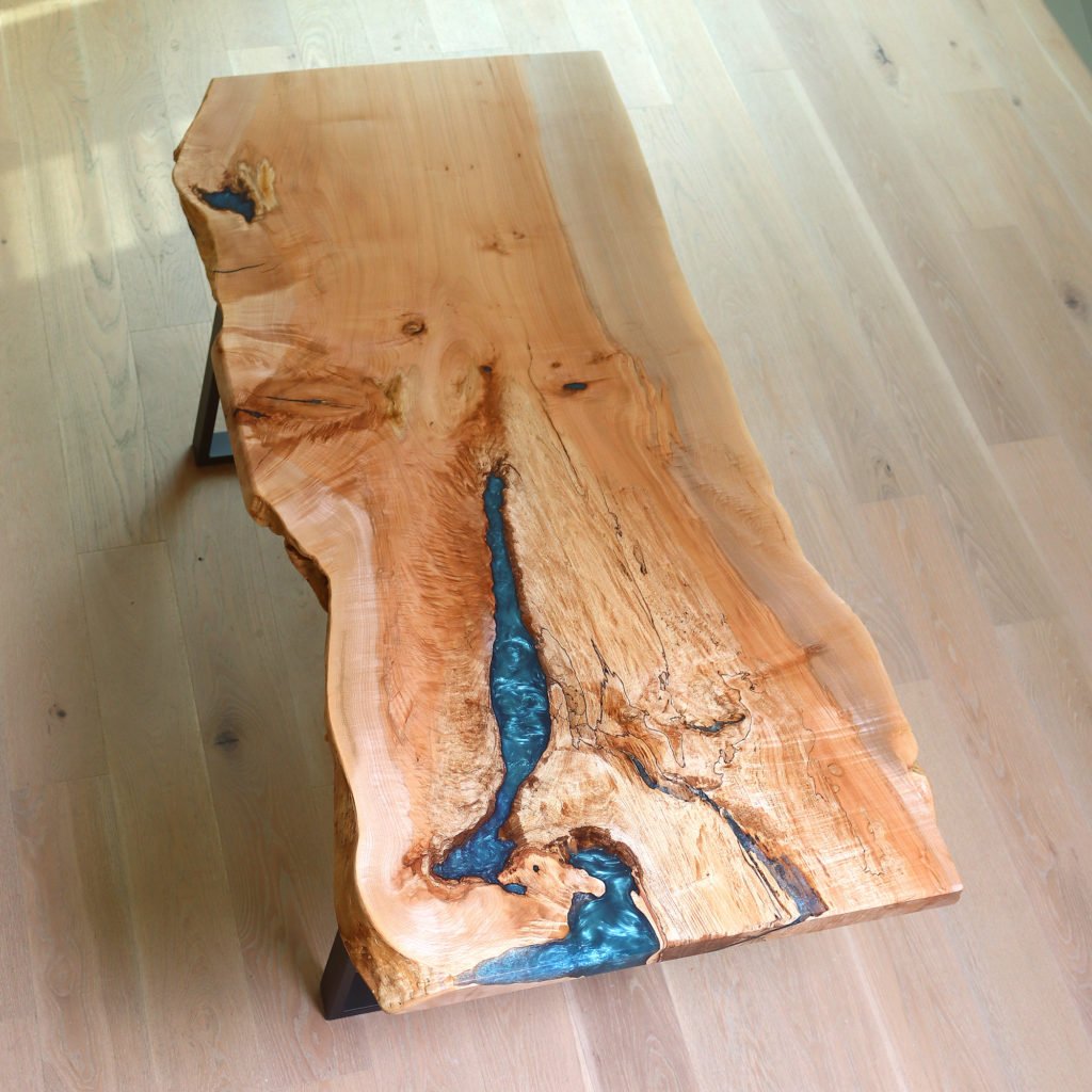 Single Slab Maple Live Edge Table with Emerald Green/Blue Resin 7FT ...